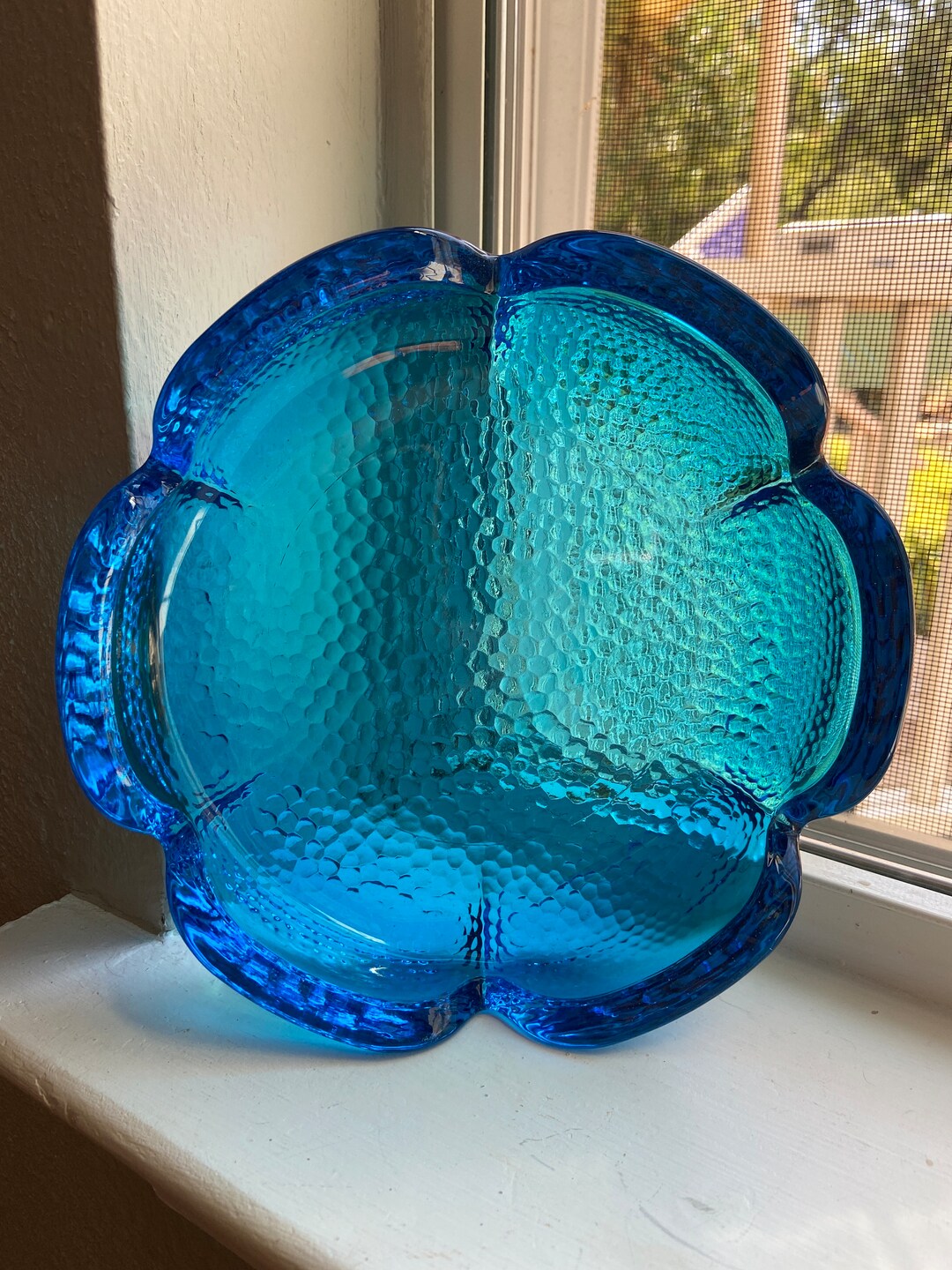 Vintage 1960s Lotus Flower Shaped Blue Blenko Textured MCM Blue ...