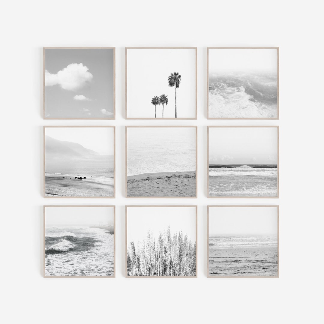 Prints, Coastal, Digital Prints, Set of 9 Prints, Square Prints, Black ...