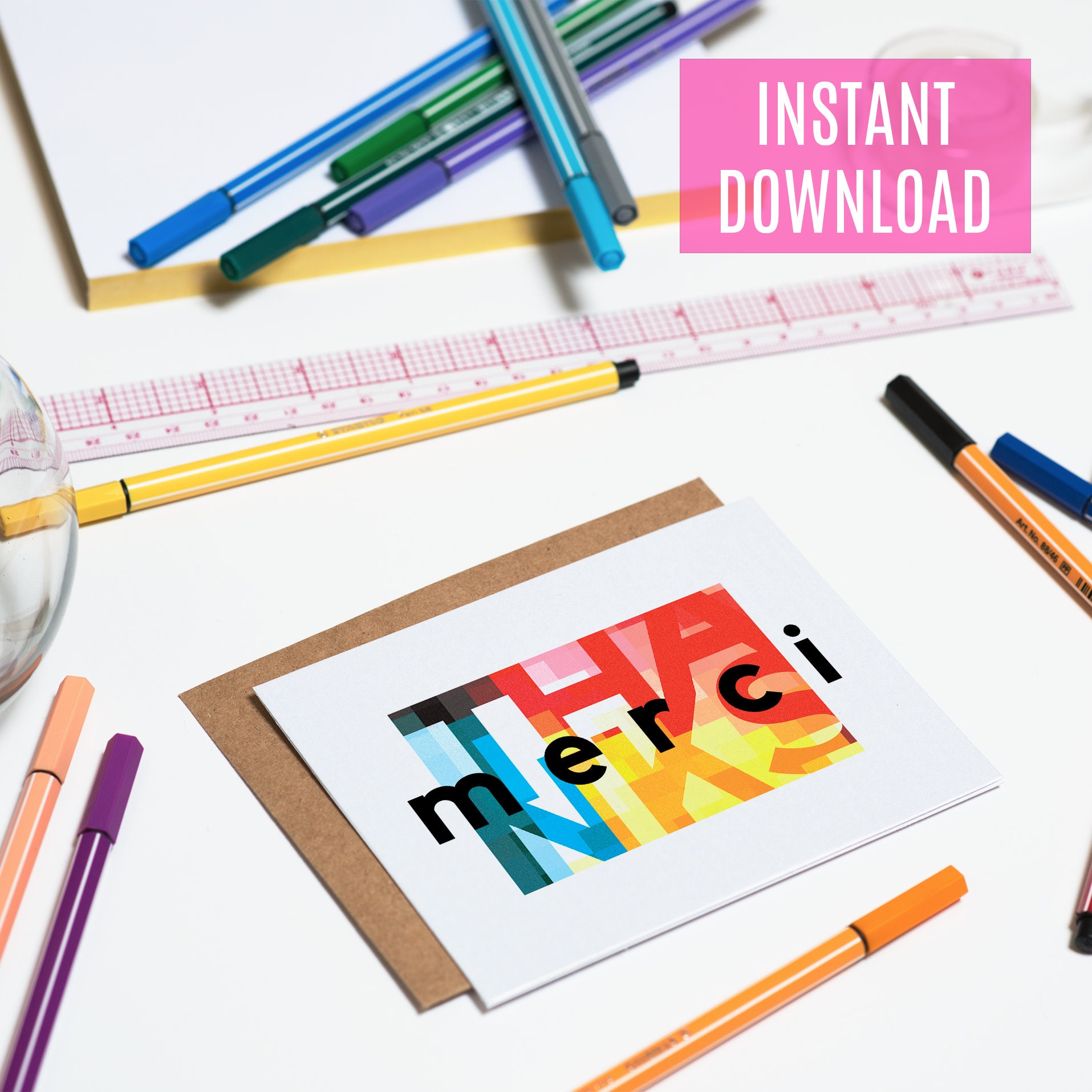 MERCI - THANKS Printable Greeting Card - Colorful Typography Modern ...