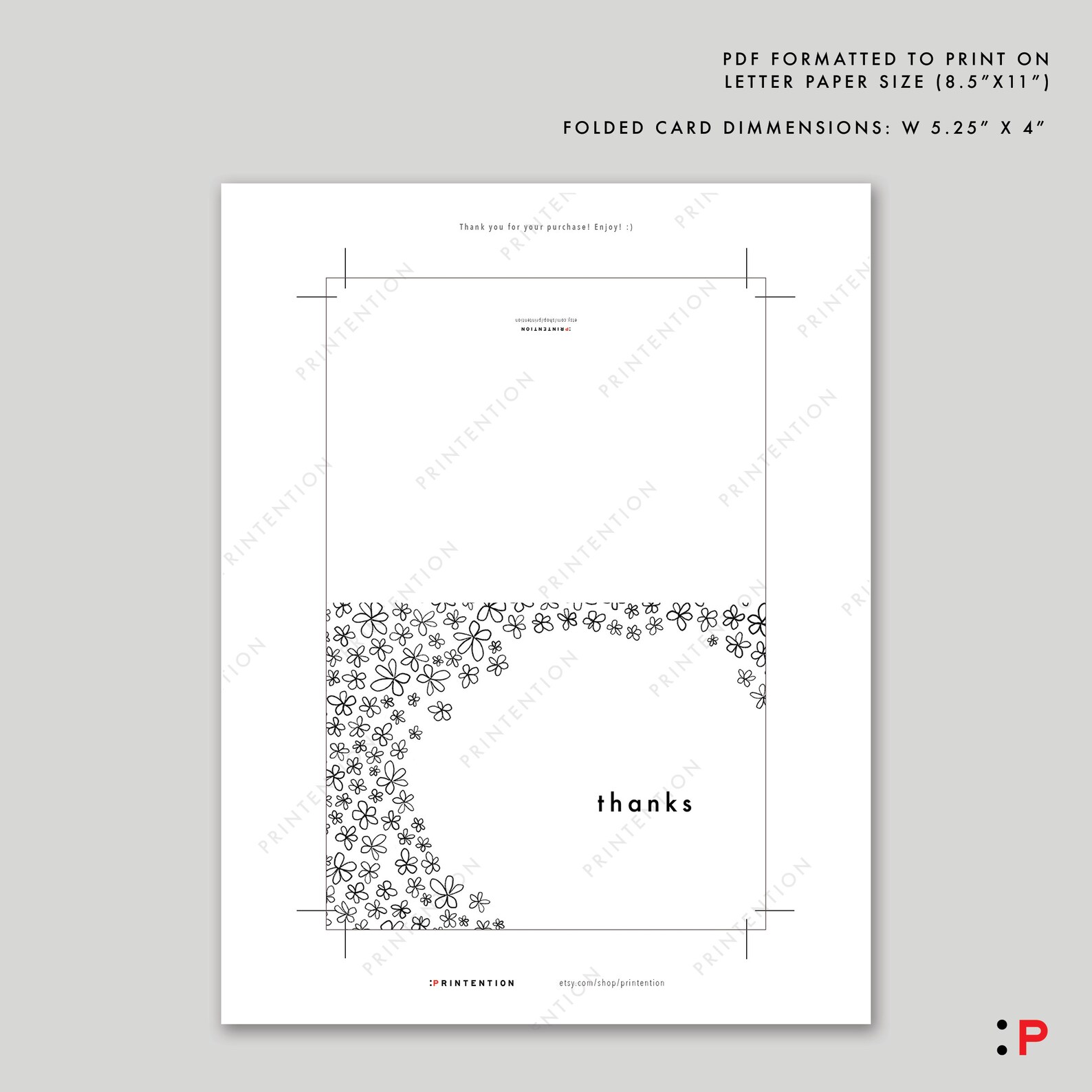 Thank You Card Printable Foldable Greeting - Thanks Minimal Floral ...