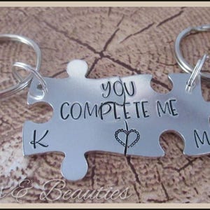 Pair of Handstamped Puzzle, Jigsaw Piece Keyrings Saying "you Complete ...