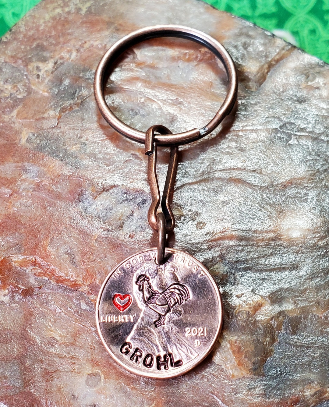 ROOSTER / With Heart / Rooster Gift / Penny PERSONALIZED Key Ring ...