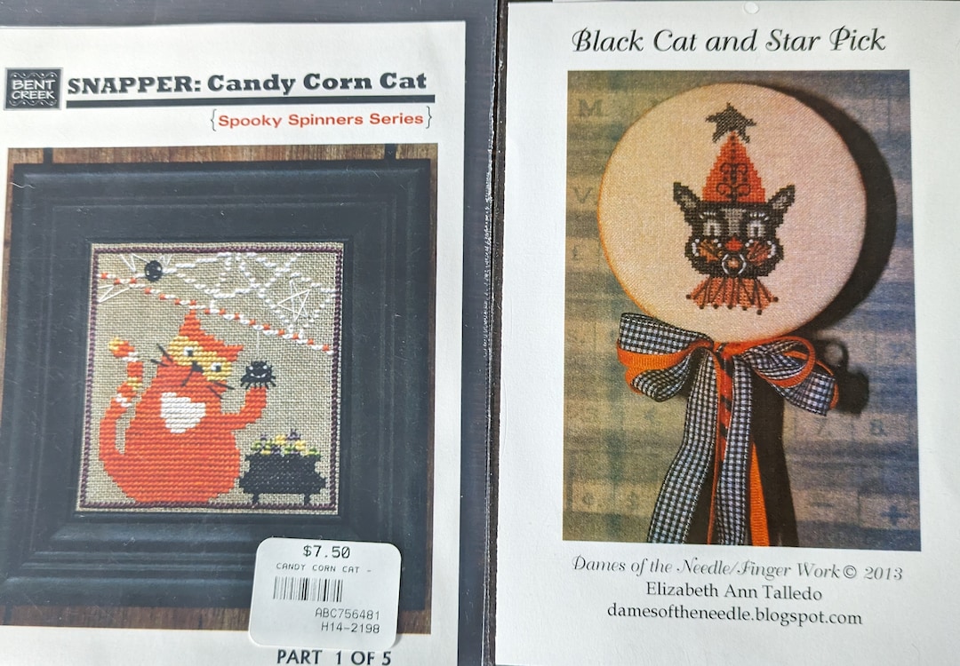 Lot of 2 New Dames of the Needle black Cat and Star Pick and Bent Creek snapper: Candy Corn Cat ...