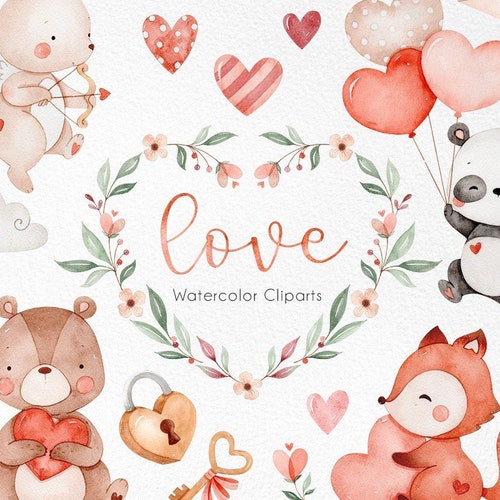 Valentine's Day Watercolor Clipart Woodland Animals - Etsy