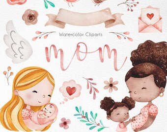 Mother's Day Watercolor Clipart Set, Animal Mom and Baby, Love You ...