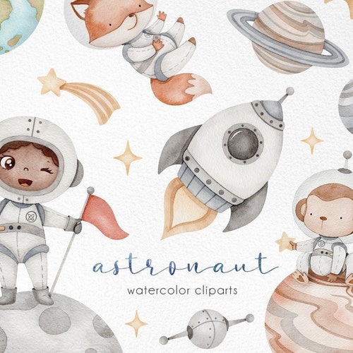 Astronaut Watercolor Clipart Cute Space Animals Planet - Etsy