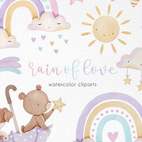 Rain of Love Watercolor Clipart Instant Download Rainbow - Etsy