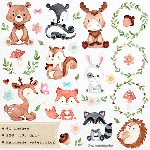 Woodland Nursery Digital Clipart Watercolour Woodland Designs Friends ...