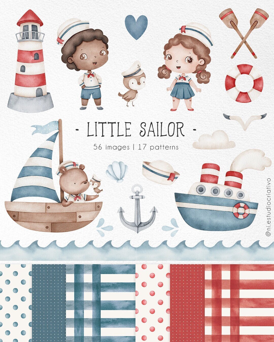 Little Sailor Watercolor Clipart Set, Nautical Kids Clipart , Cute Navy ...