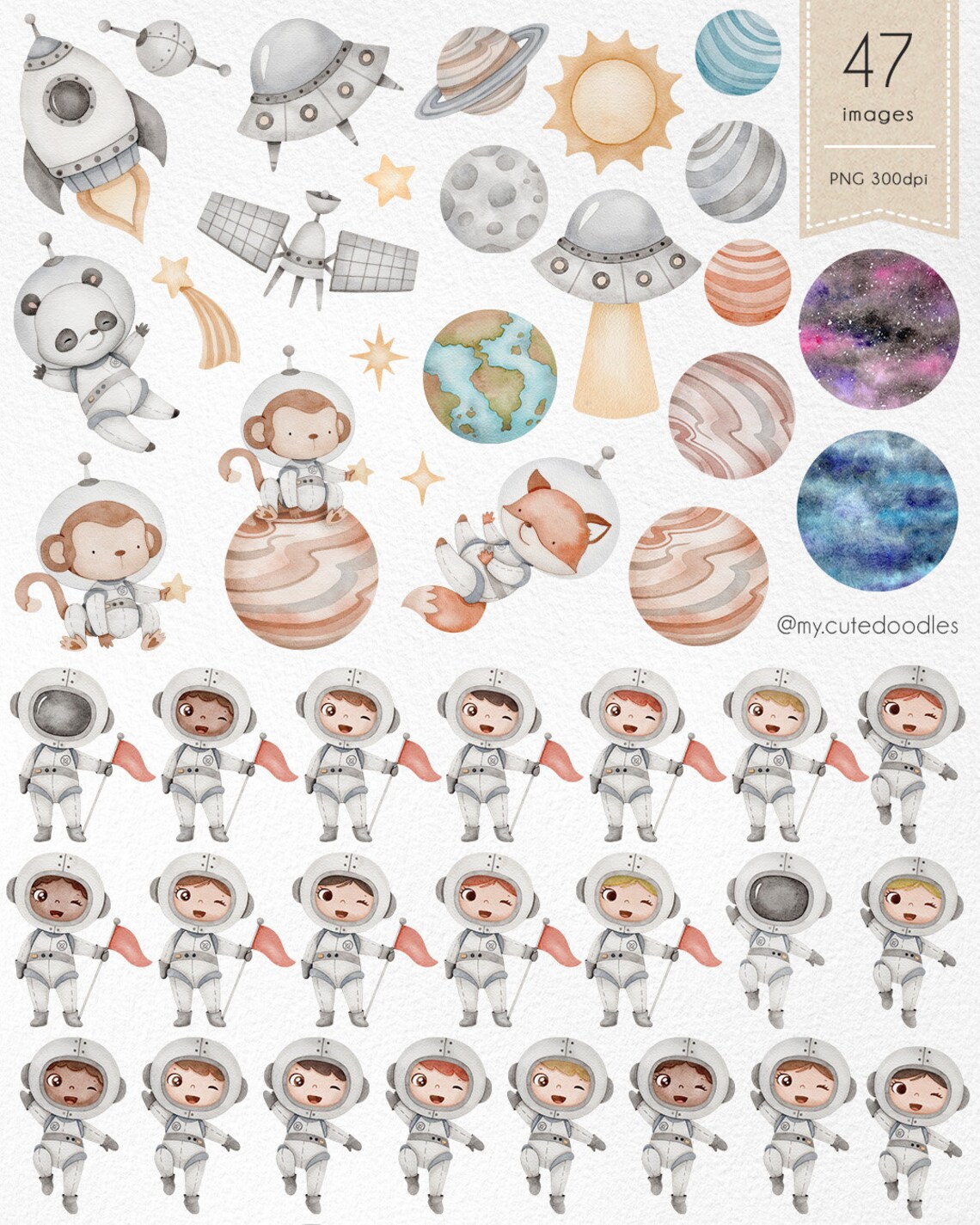 Astronaut Watercolor Clipart Cute Space Animals Planet - Etsy
