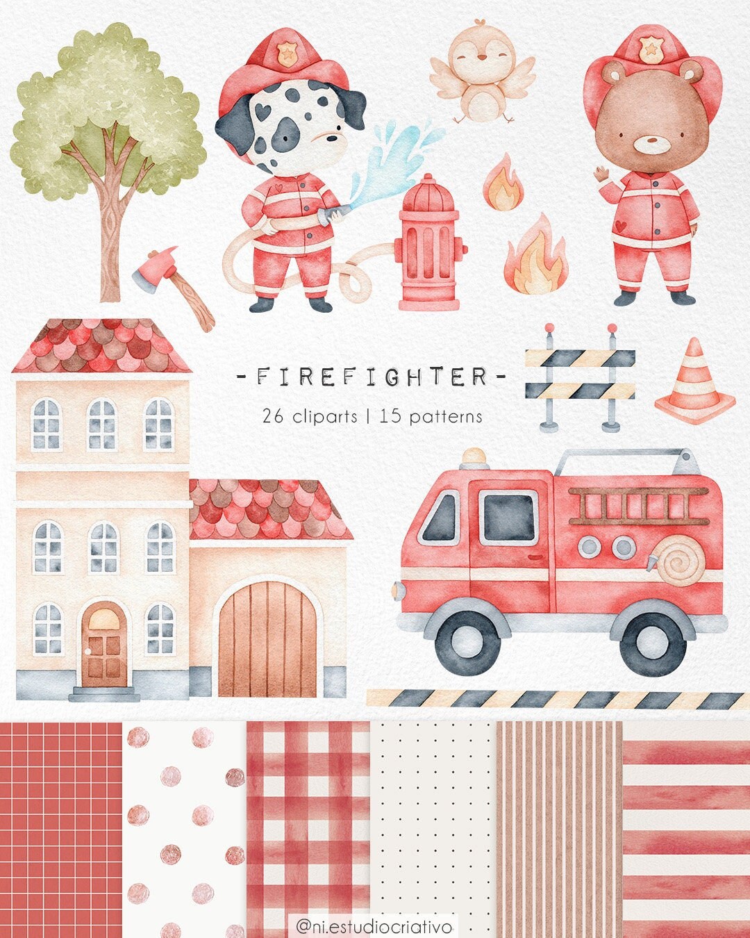 Firefighters Watercolor Clipart, Cute Animals Baby Shower, Fire Truck ...