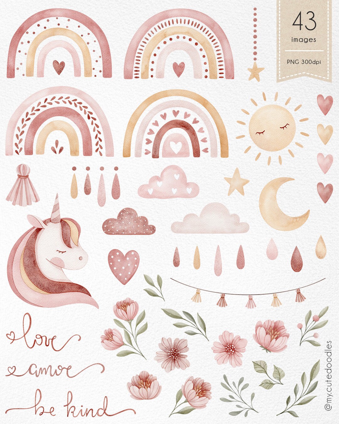 Boho Rainbow Watercolor Clipart Instant Download Rainbow - Etsy