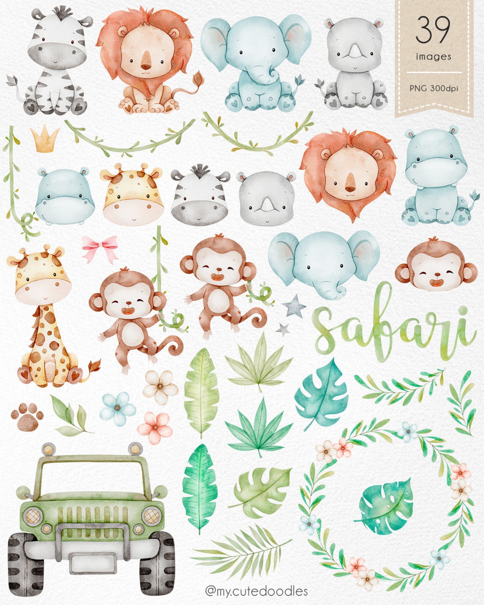 Safari Watercolor Clipart Safari Baby Shower Jungle - Etsy