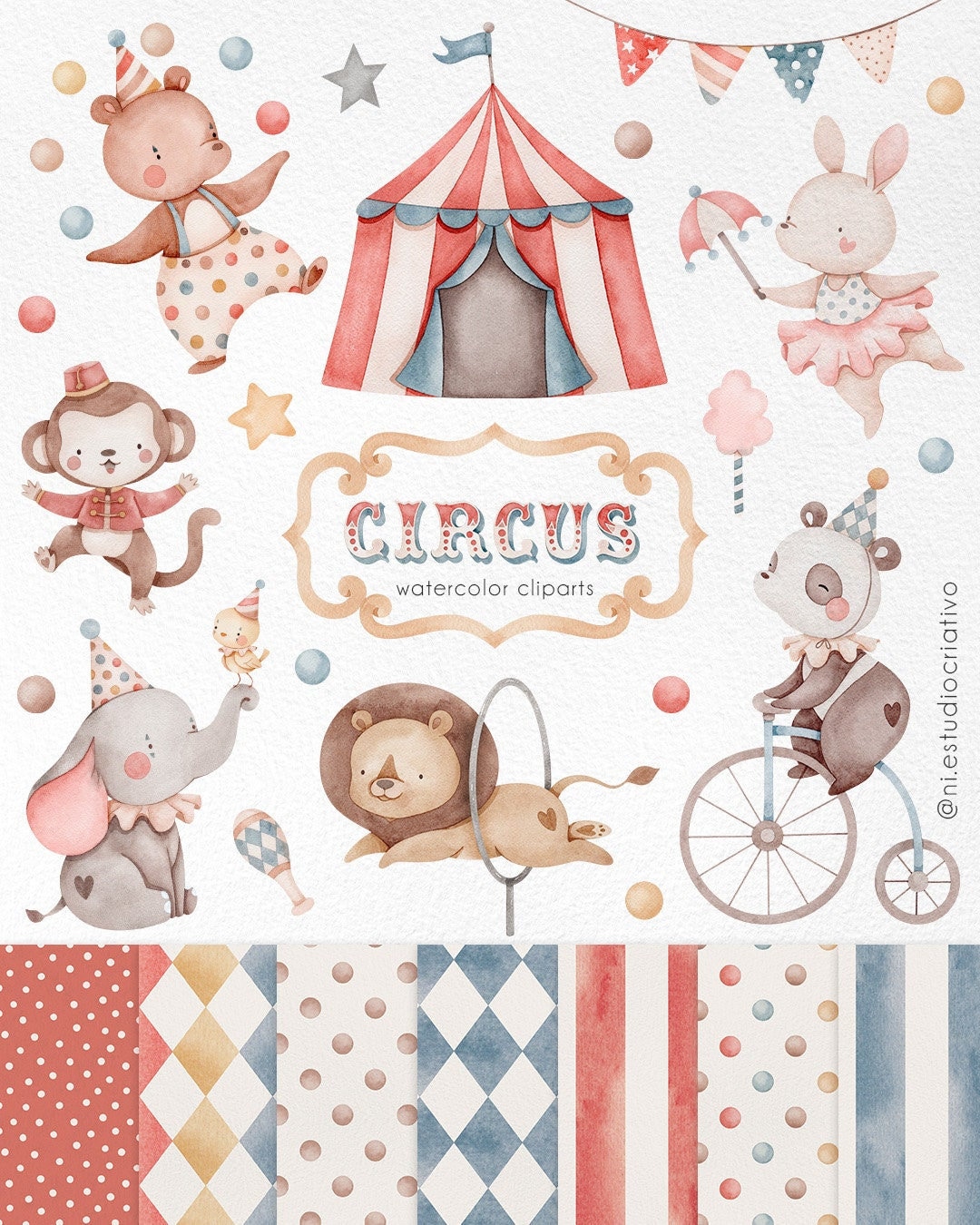 Circus Watercolor Clipart Set, Animals Illustration, Little Clown ...