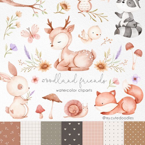Cute Forest Animals Watercolor Clipart Set. Woodland - Etsy