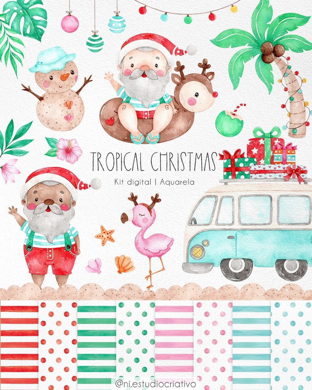 Tropical Christmas Watercolor Clipart Cute Summer Santa - Etsy