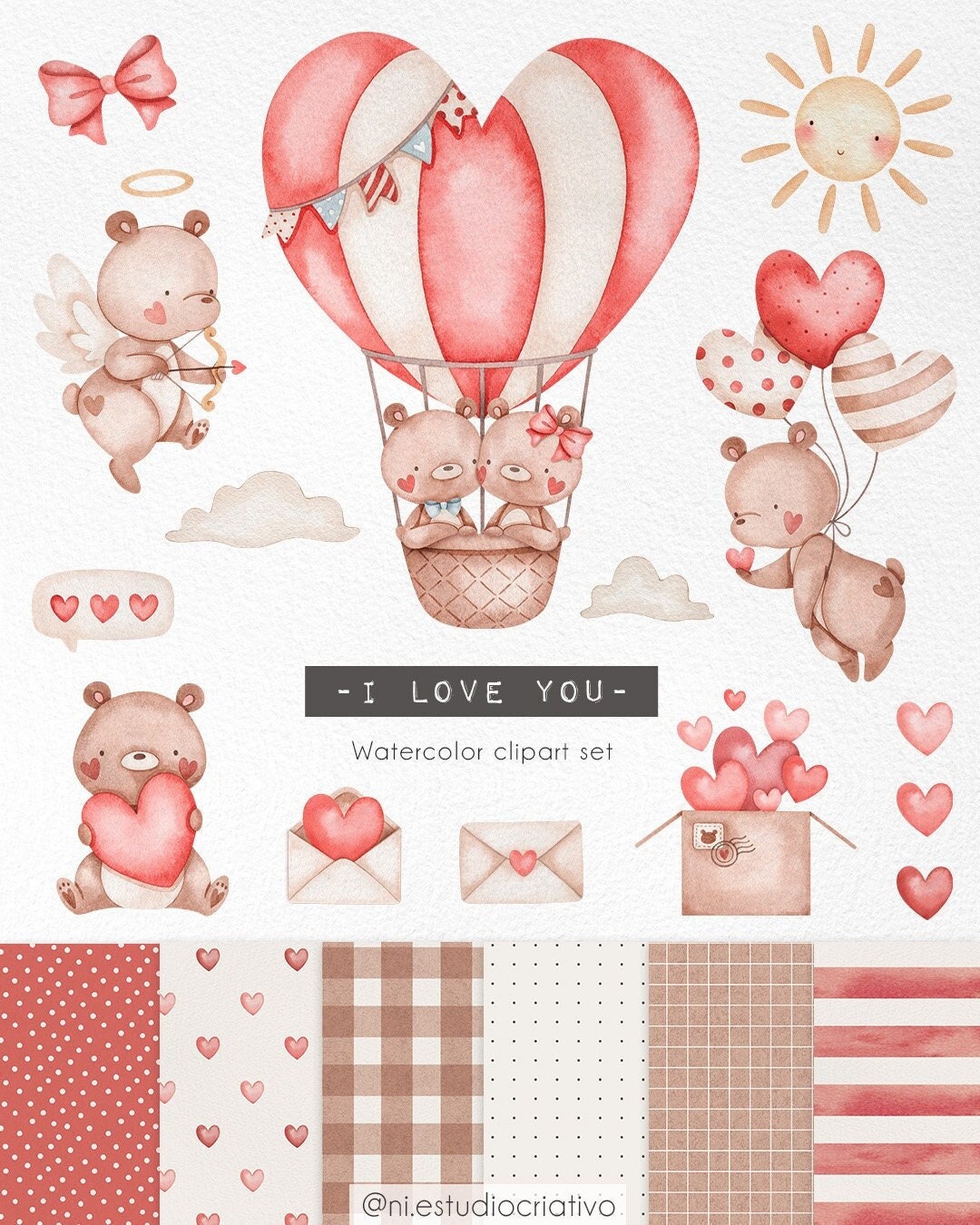 Love You Watercolor Clipart, Valentines Day, Teddy Bear Clipart, Love ...