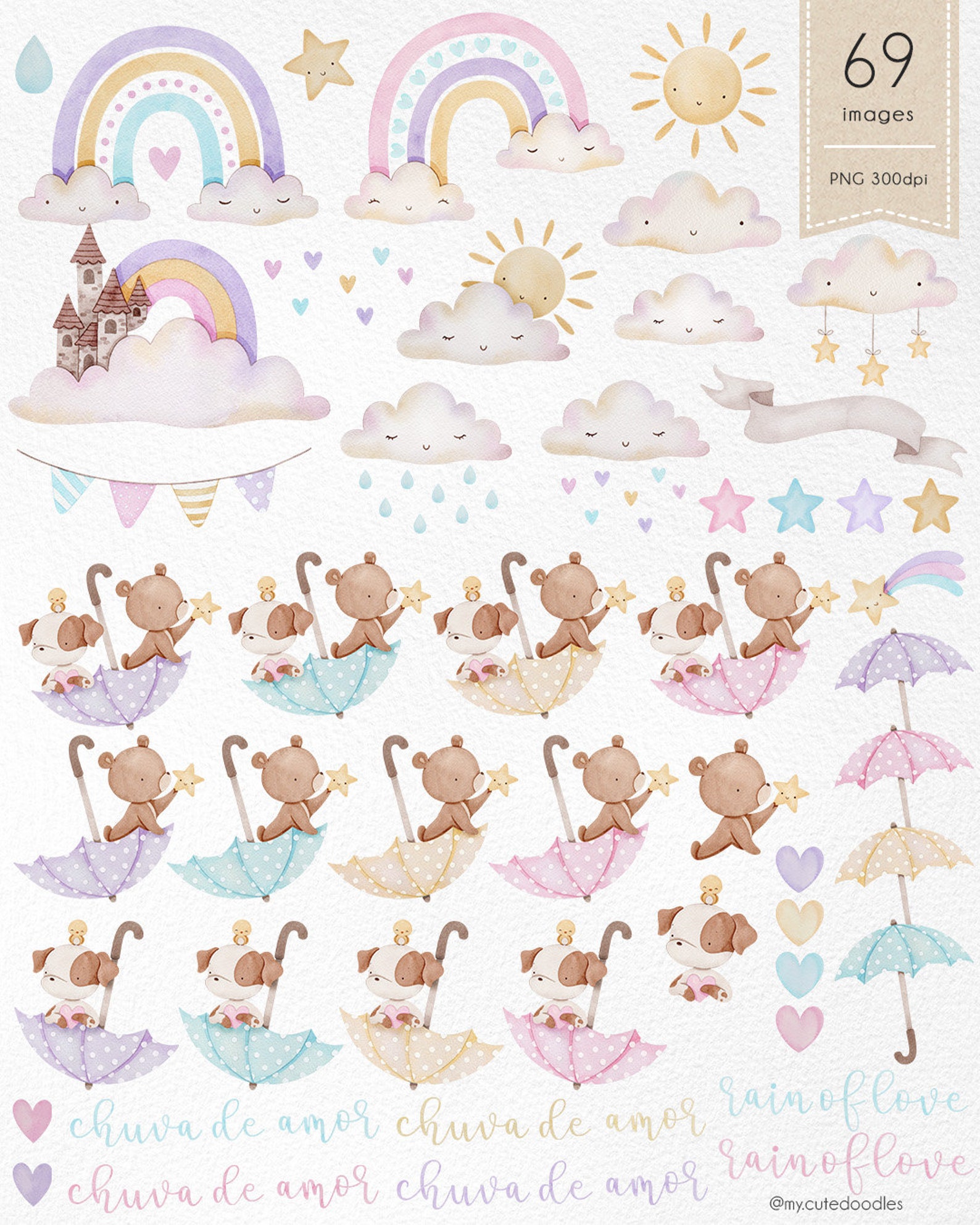 Rain of Love Watercolor Clipart Instant Download Rainbow - Etsy