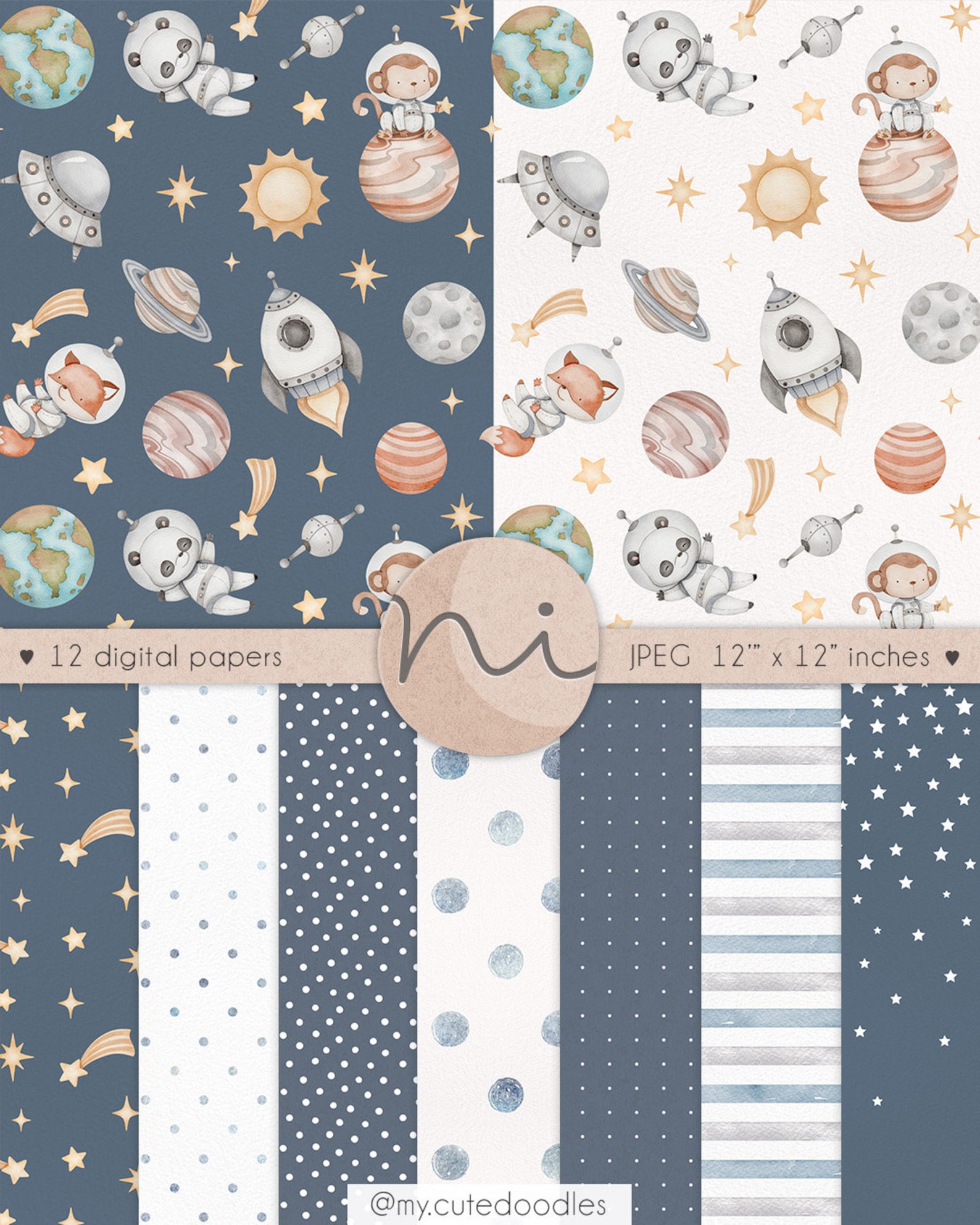 Astronaut Watercolor Clipart Cute Space Animals Planet - Etsy