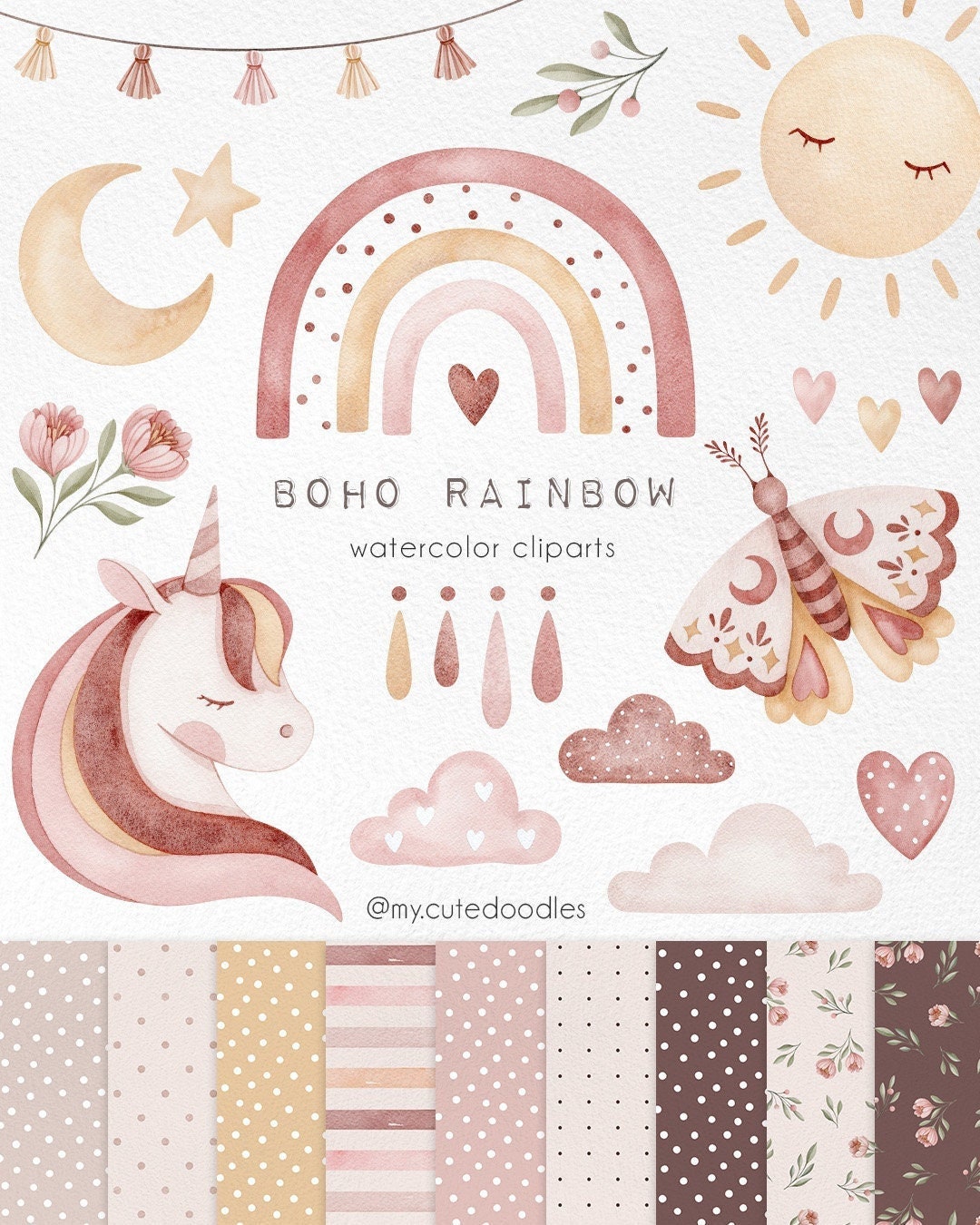 Boho Rainbow Watercolor Clipart, Instant Download, Rainbow Clip Art ...