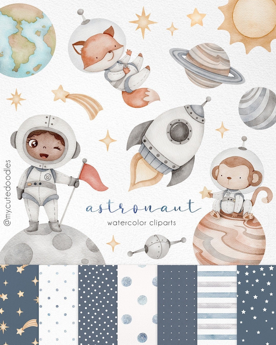 Astronaut Watercolor Clipart, Cute Space Animals, Planet Illustration ...