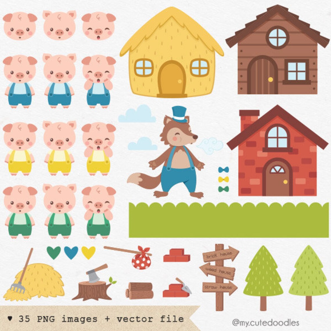 Tres cerditos clipart uso personal y comercial tres cerditos | Etsy