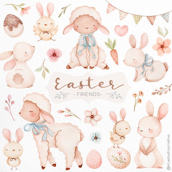 Easter Friends Watercolor Clipart Bunny Watercolor Clipart | Etsy