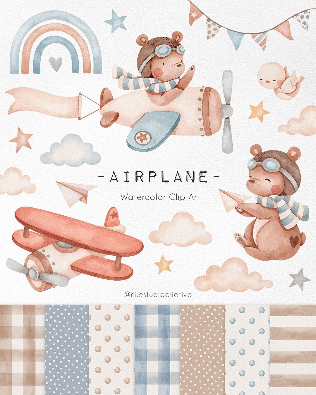 Buy Airplane Watercolor Clipart Set, Cute Animals Illustration, Baby ...