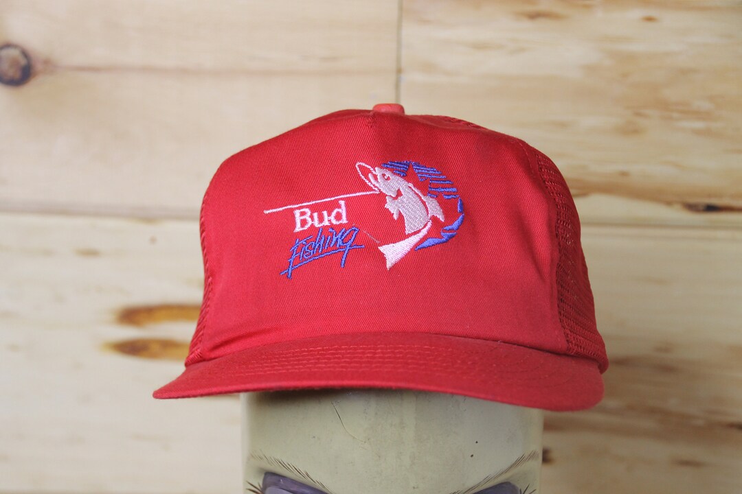 Vintage Bud Budweiser Fishing Red Trucker Hat Fishing Adjustable ...