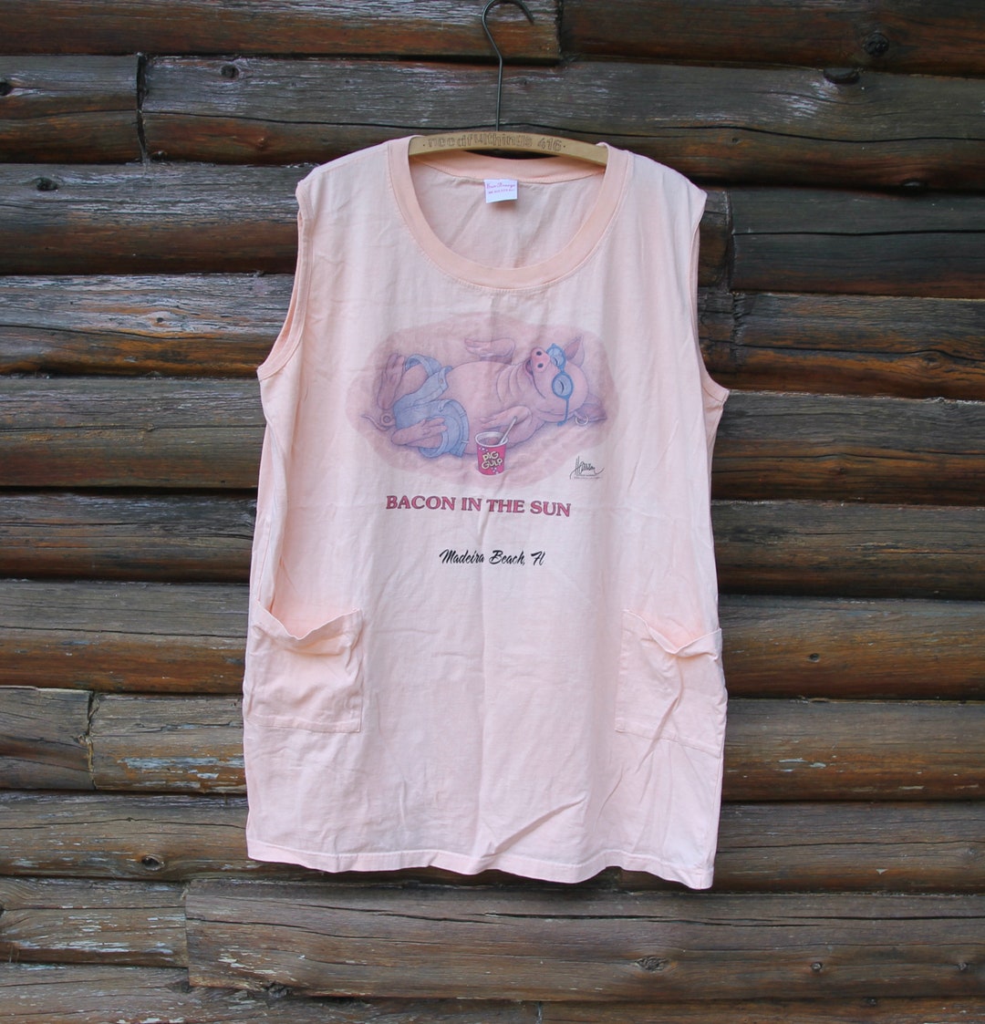 Vintage Bacon in the Sun Pig Gulp Pink Beach Tank Top Adult One Size ...