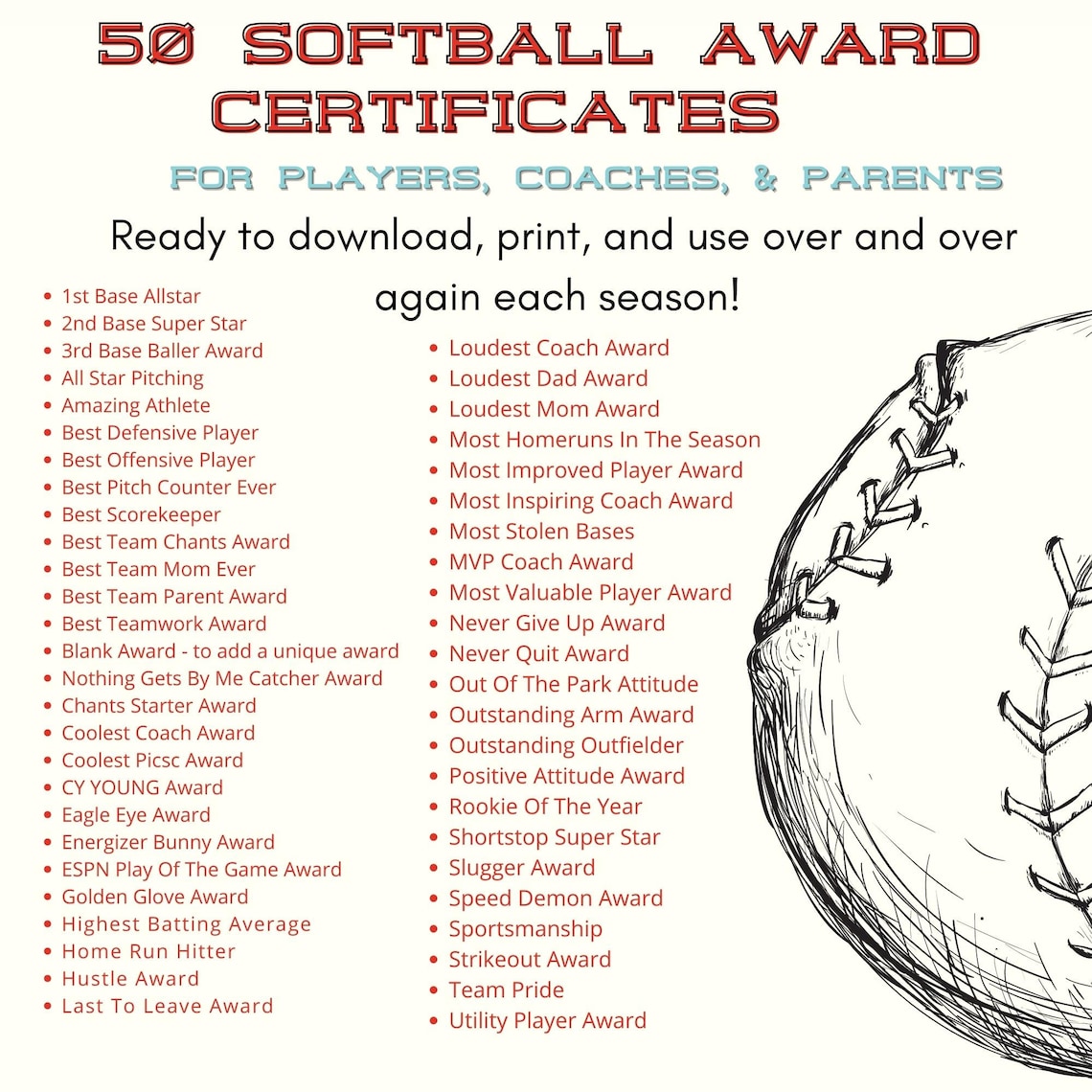 Girls Softball Team Award Certificates for Team Moms, Coaches, Team ...