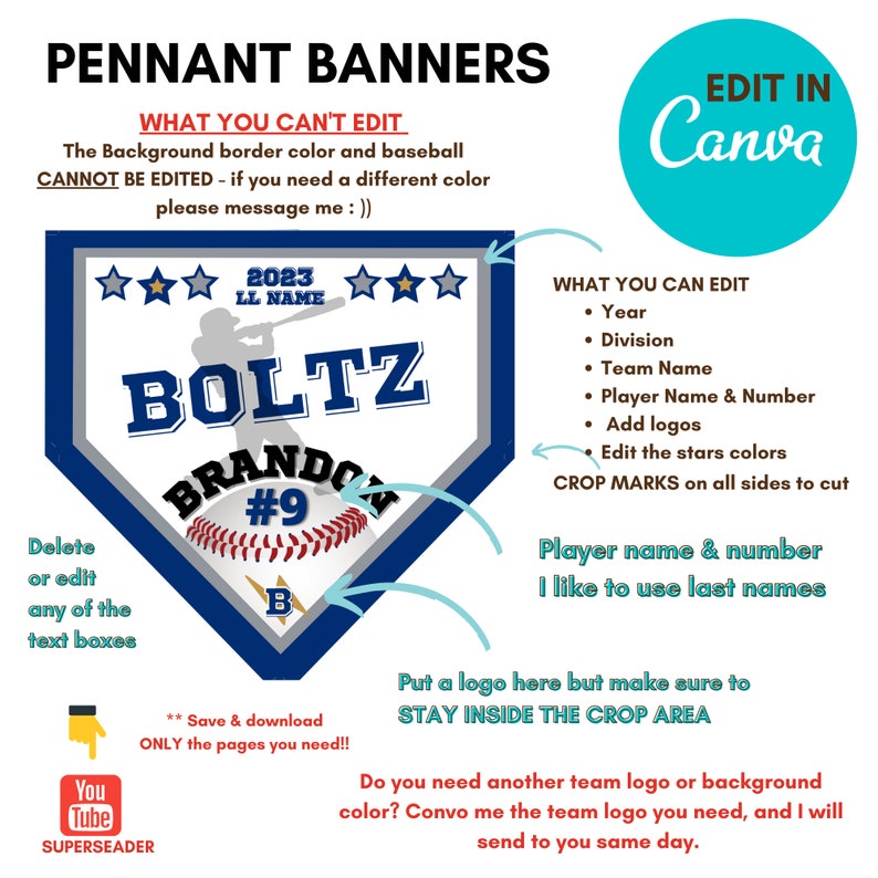 Baseball Team Editable Pennant Banners, Royal Blue, Grey Personalized ...