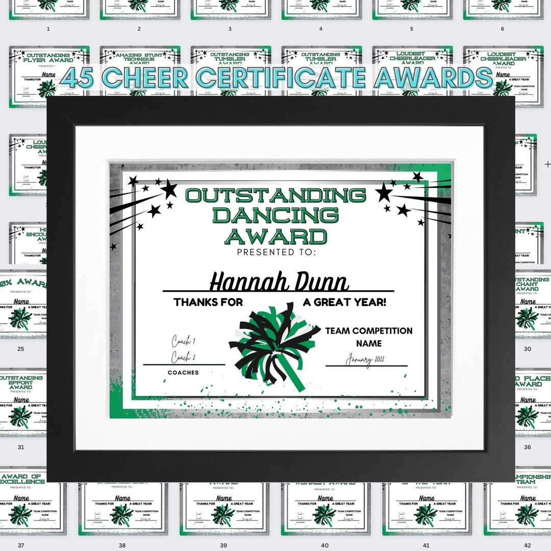 Cheerleading Award Certificates, for Team Moms and Coaches, Green ...