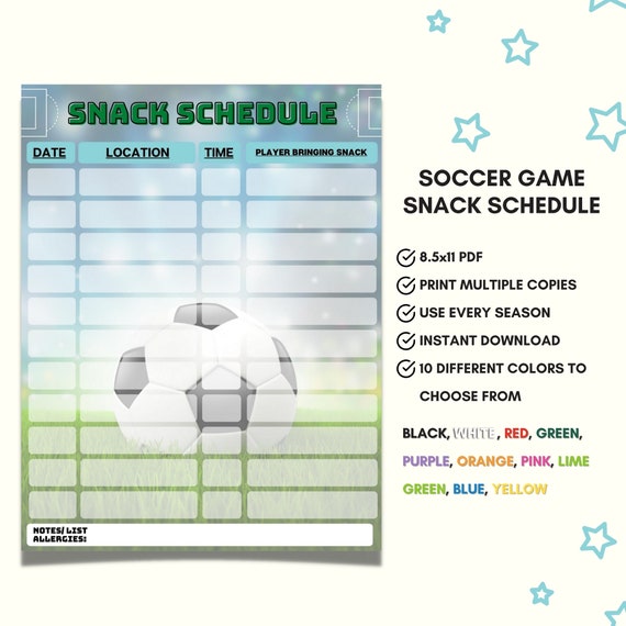 Soccer Snack Schedule Sign up Sheet Fill in and Print Soccer - Etsy