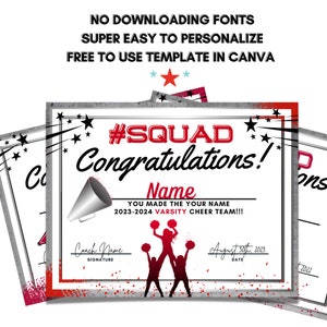 Congrats You Made the Cheer Team Squad Printable Certificates, Red ...