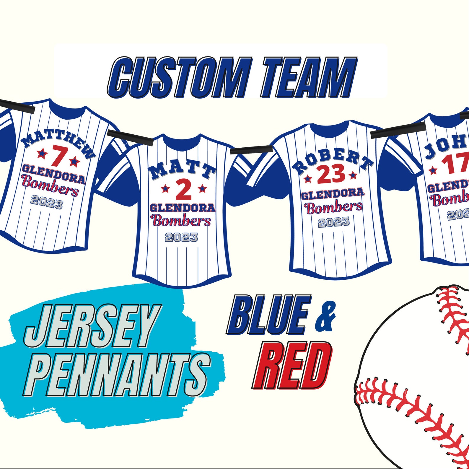 Baseball Team Jersey Pennant Banners, Blue & Red Team Custom, Sport ...