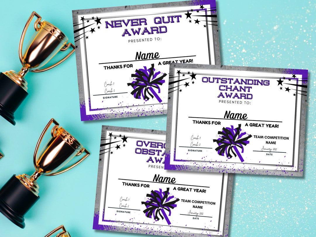 Cheerleading Award Certificates, Purple & Black Pom Poms Design for ...