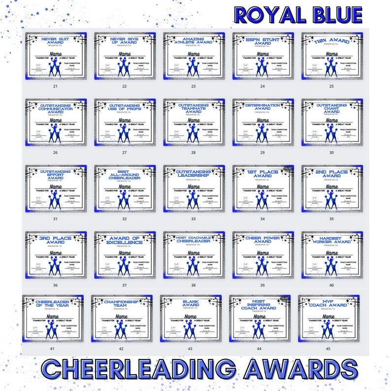 Cheerleading Award Certificates, Royal Blue Editable for Team Moms ...