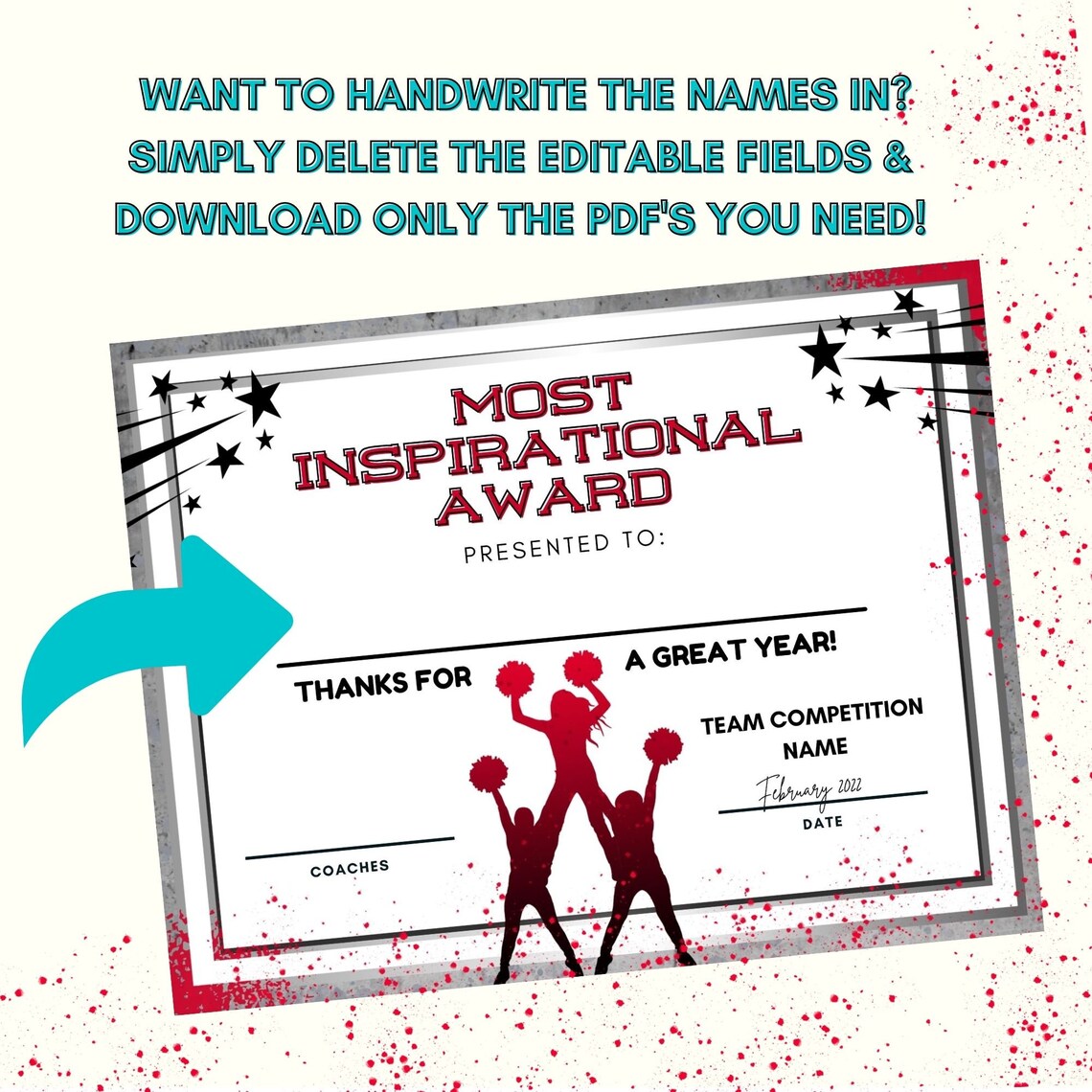 Cheerleading Award Certificates, Editable for Team Moms, Coaches, RED ...