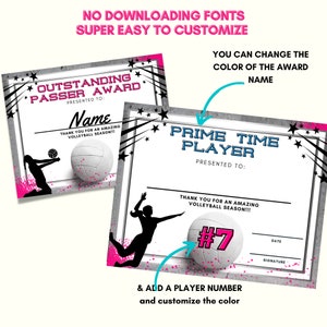 Pink Volleyball Award Certificates, Editable & Instant Blank Download ...