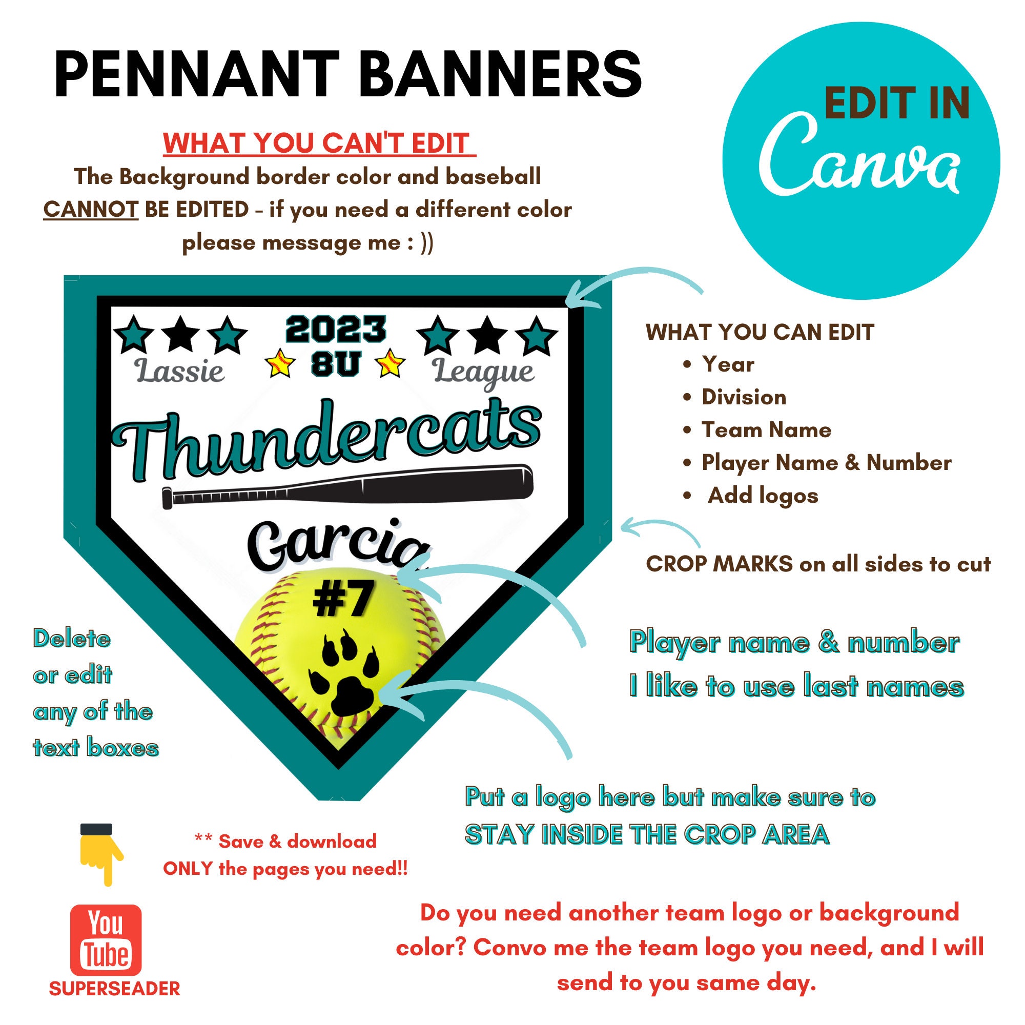 Softball Girls Banner Template, Team Pennants, TEAL & BLACK Teams Just ...
