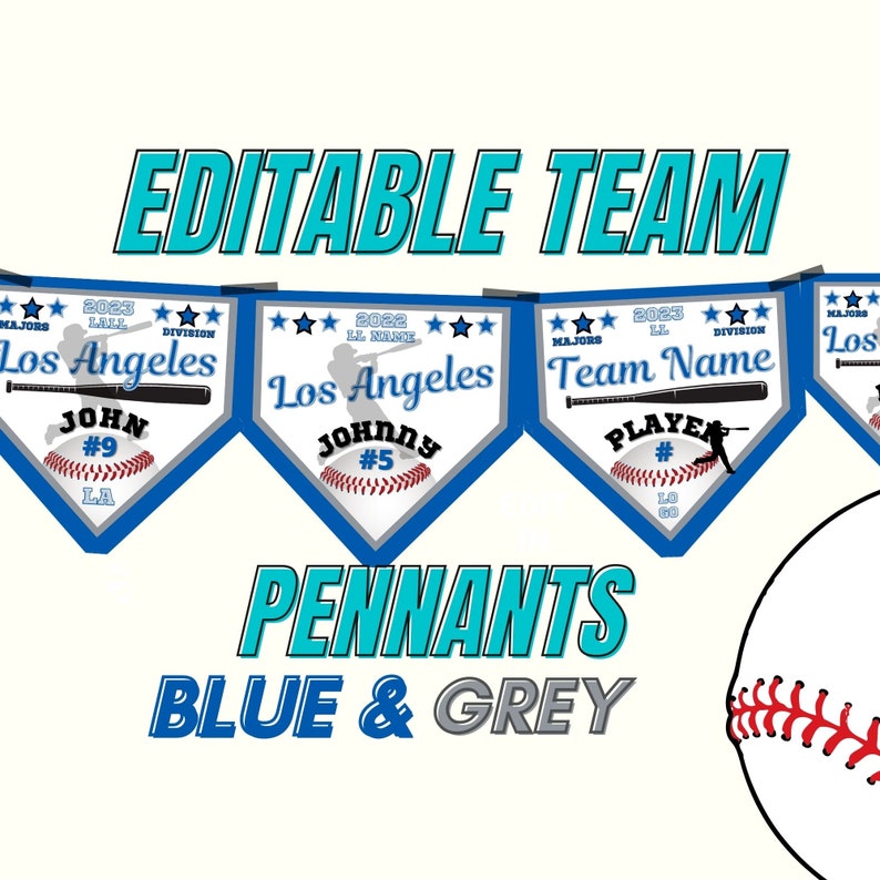 Printable Baseball Pennant Banner, Team Sports, Blue & Grey ...