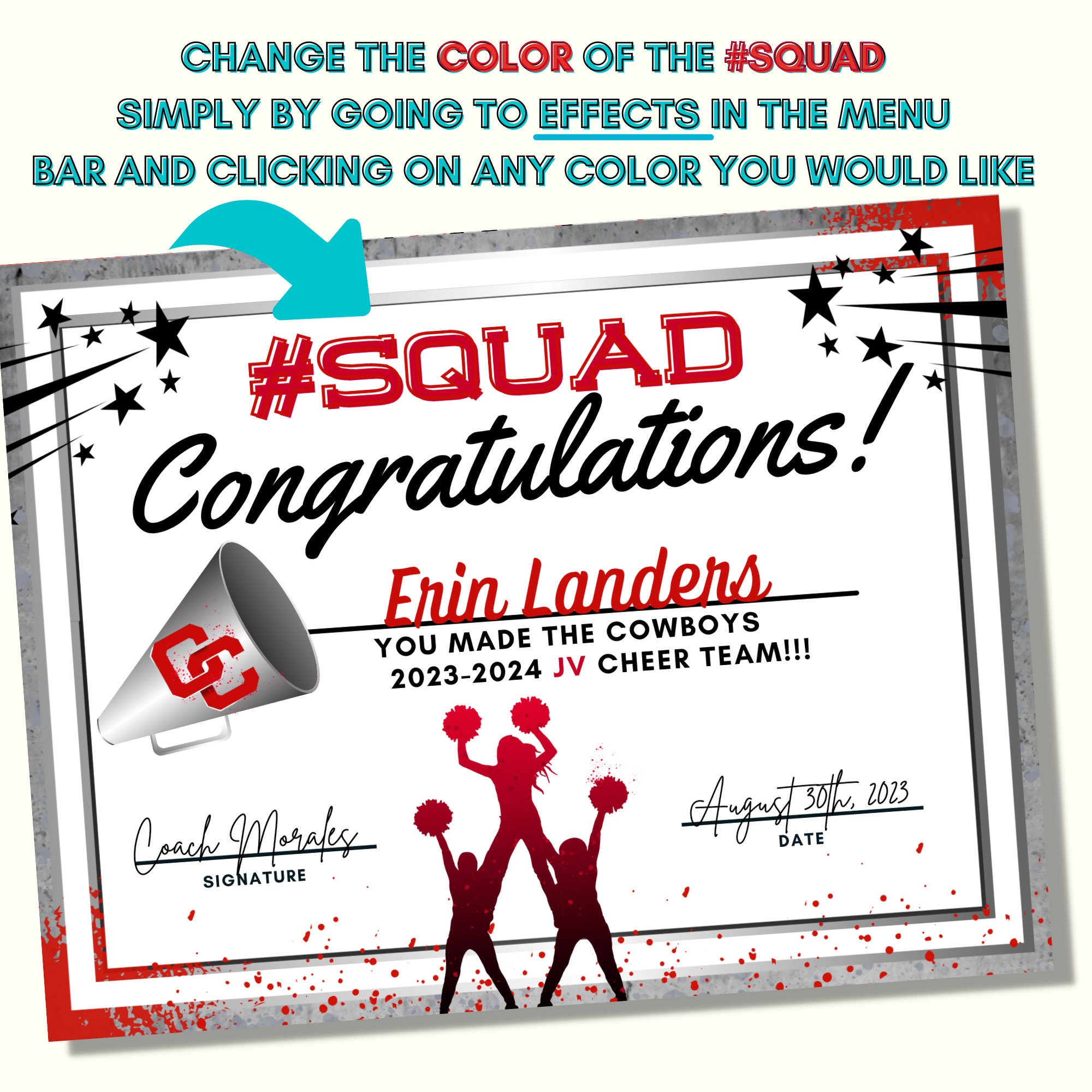 Congrats You Made the Cheer Team Squad Printable Certificates, Red ...