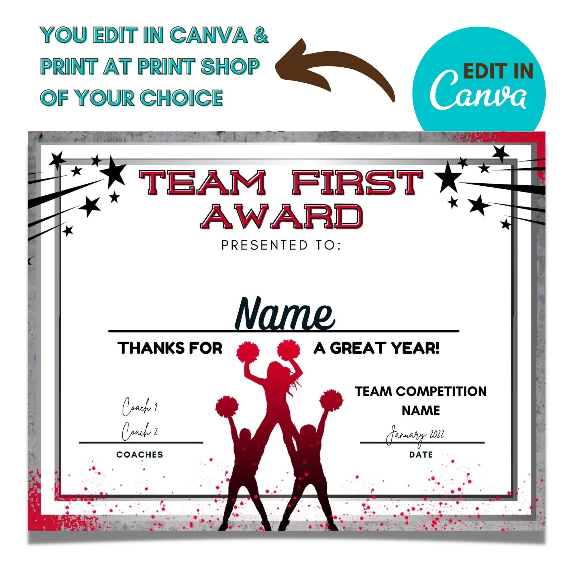 Cheerleading Award Certificates, Editable for Team Moms, Coaches, RED ...