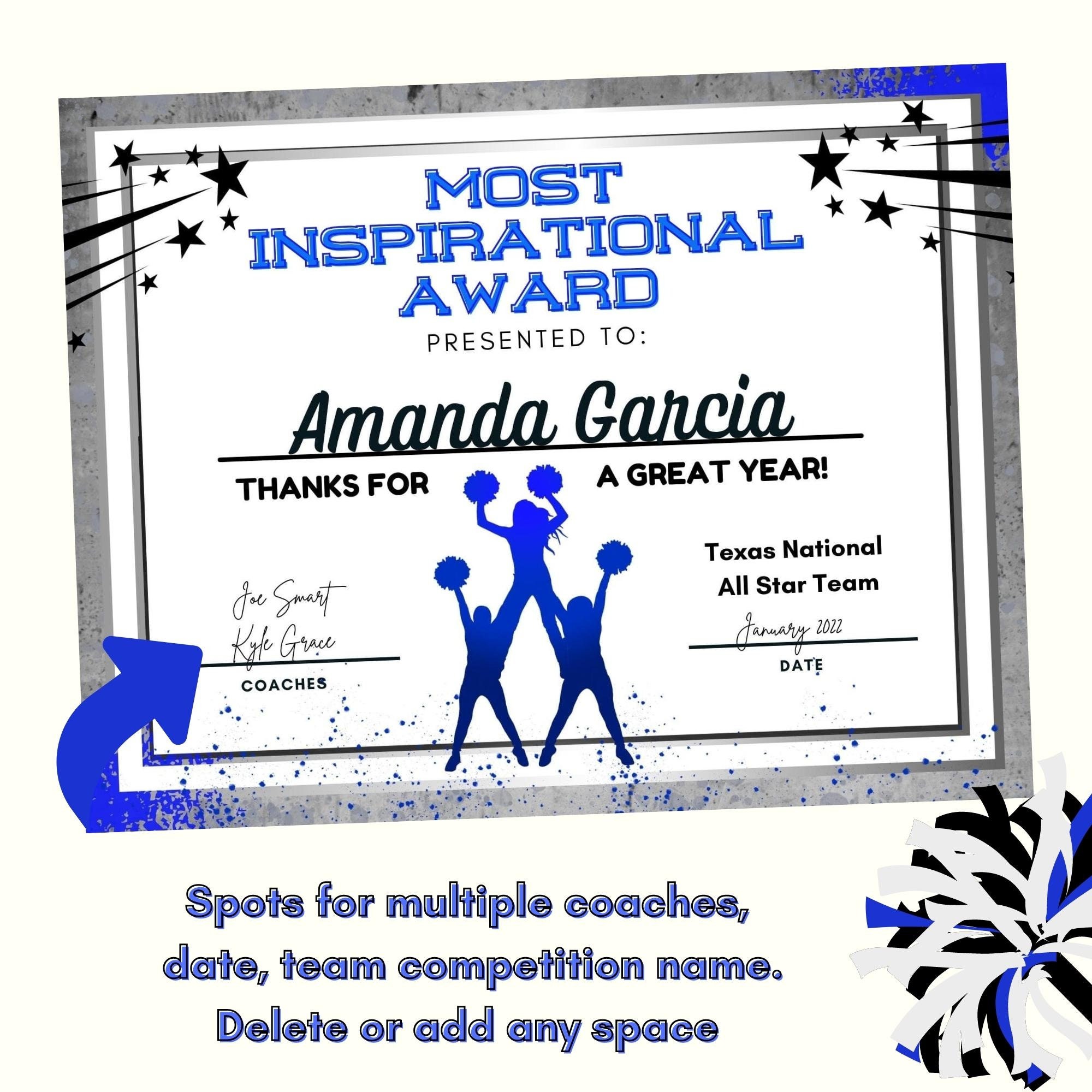 Cheerleading Award Certificates, Royal Blue Editable for Team Moms ...