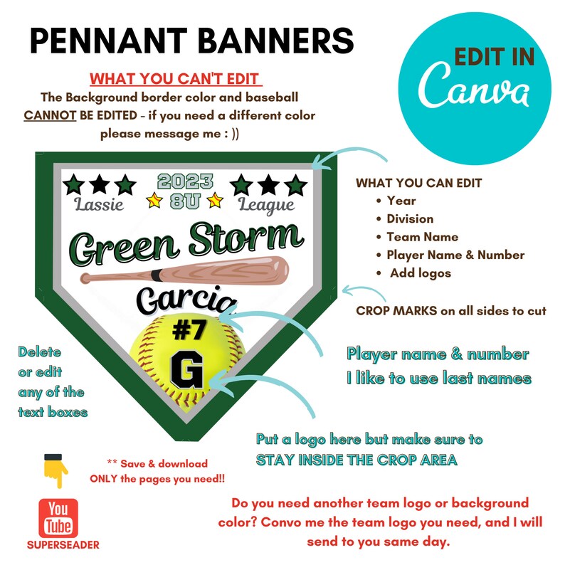 Softball Girls Banner Template, Team Pennants, GREEN & GREY Team, Just ...