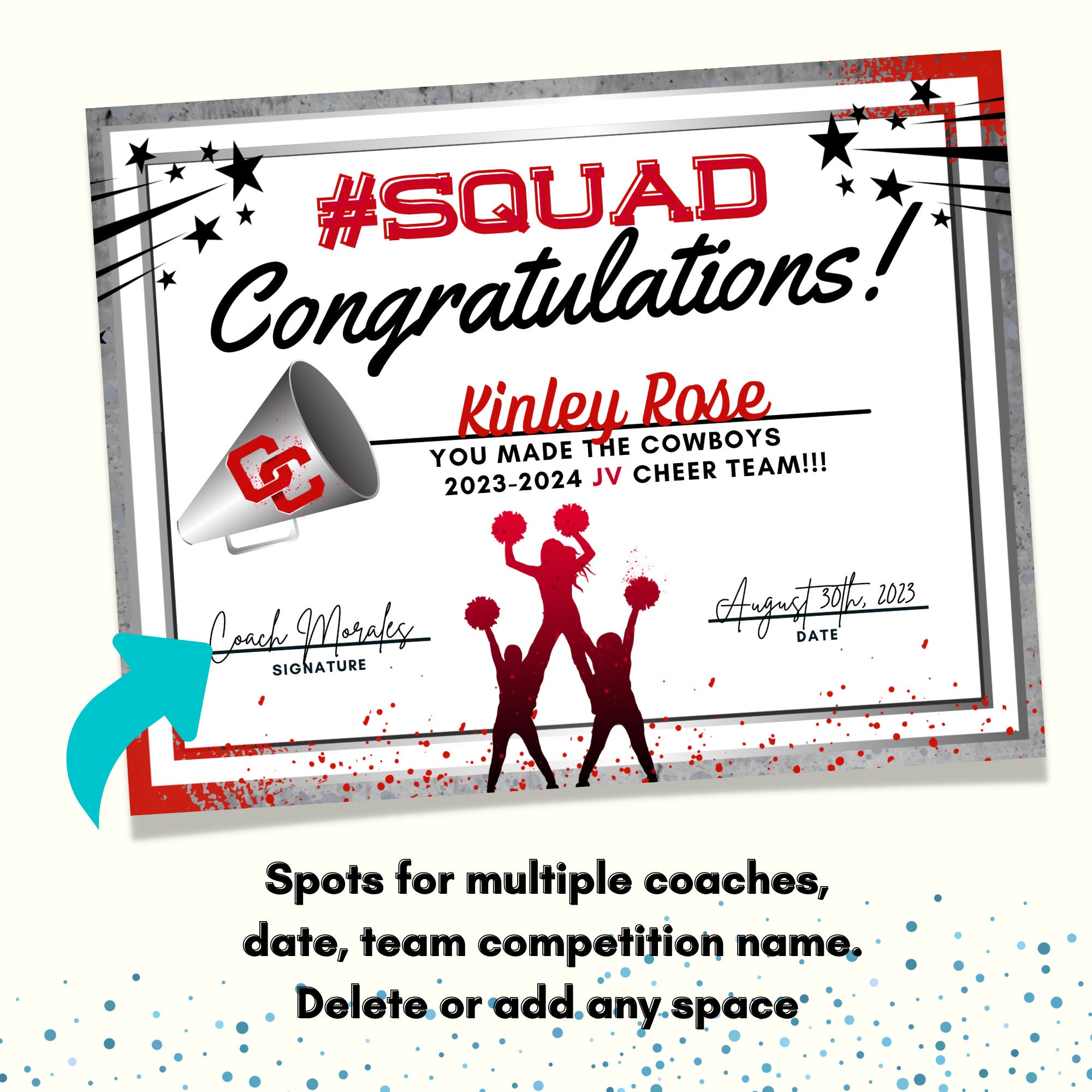 Congrats You Made the Cheer Team Squad Printable Certificates, Red ...