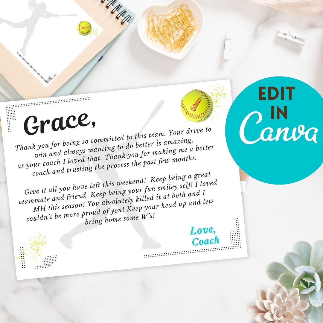 Editable Softball Note Card Template, Softball Notecards, Thank You ...