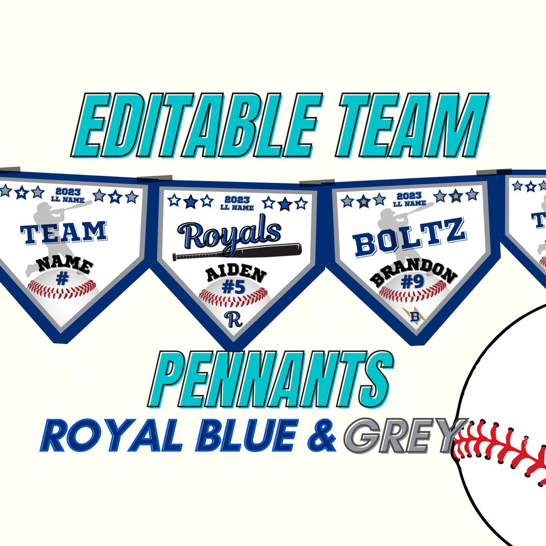 Baseball Team Editable Pennant Banners, Royal Blue, Grey Personalized ...