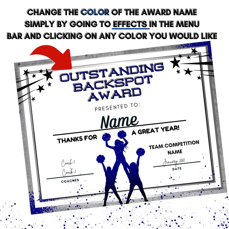Cheerleading Award Certificates, Navy Blue Editable for Team Moms ...